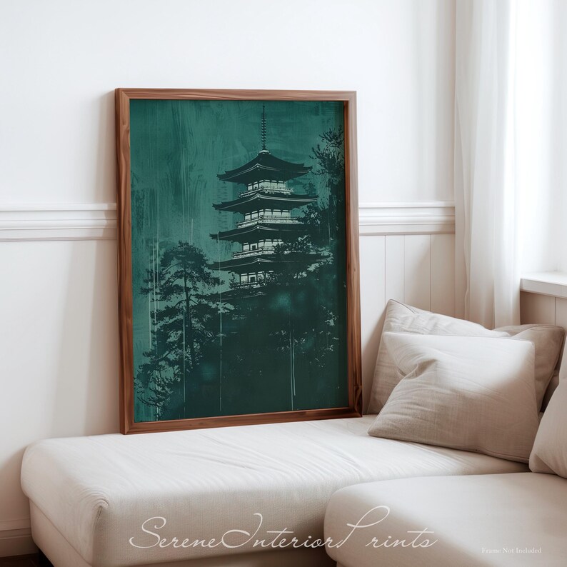 Japandi Pagoda Print | Green Earthy Forest Art Print | Zen Japanese ...
