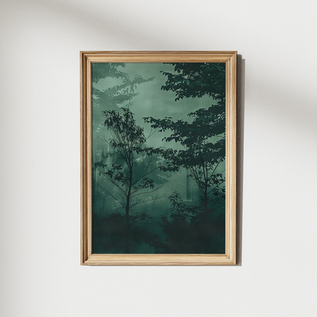 Deep Green Forest Wall Art | Japandi Artwork | Serene Enchanted Forest ...