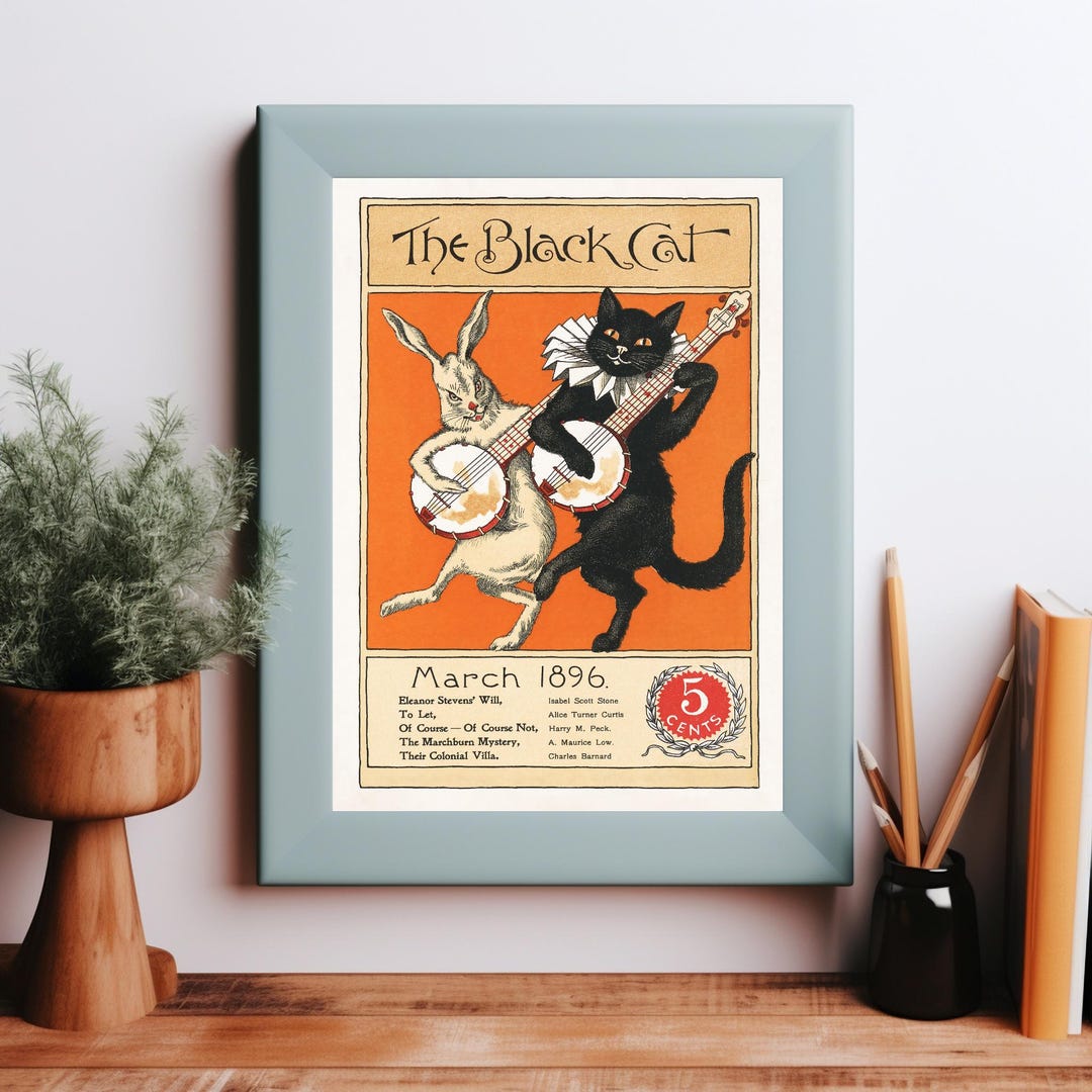 Vintage 1896 the Black Cat and Rabbit Playing Banjos Music Whimsical ...