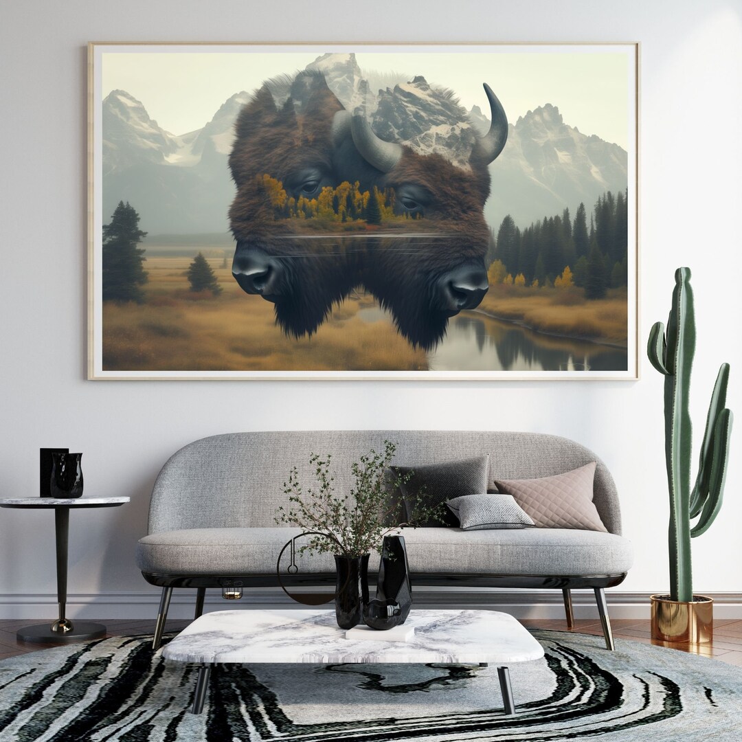 Majestic Bison Double Exposure Art Print, Landscape (digital Download ...
