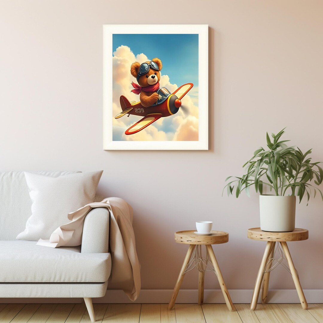 Cute Teddy Bear Flying a Plane - Aviator Teddy Bear Art Print for ...