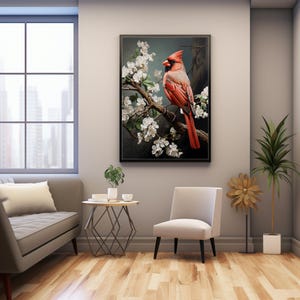 Vibrant Red Cardinal Amidst Delicate White Flowers - Digital Art Print ...