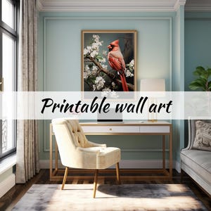 Vibrant Red Cardinal Amidst Delicate White Flowers - Digital Art Print ...