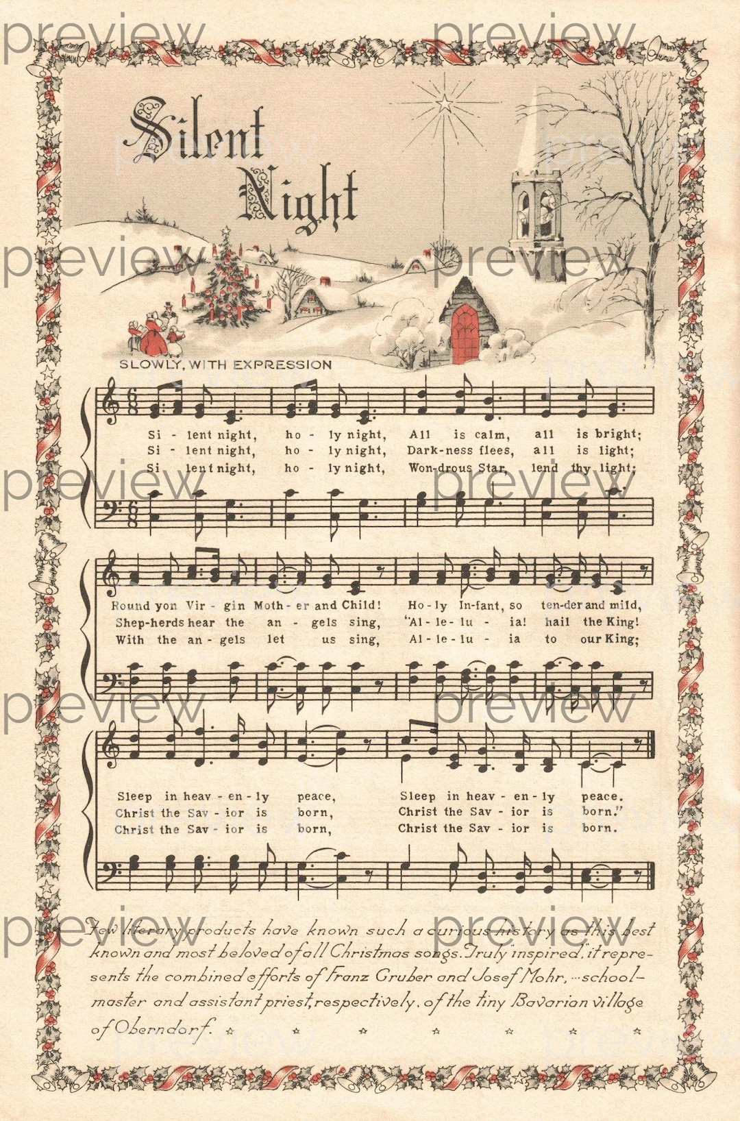 Silent Night Printable Vintage Christmas Hymn Carol Sheet Music Color ...