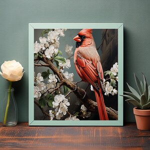 Vibrant Red Cardinal Amidst Delicate White Flowers - Digital Art Print ...
