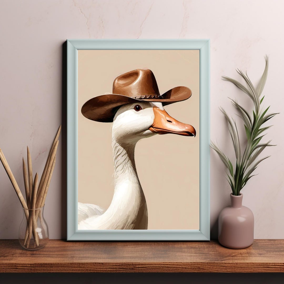 Silly Cowboy Goose in Brown Cowboy Hat Digital Wall Art - Whimsical ...
