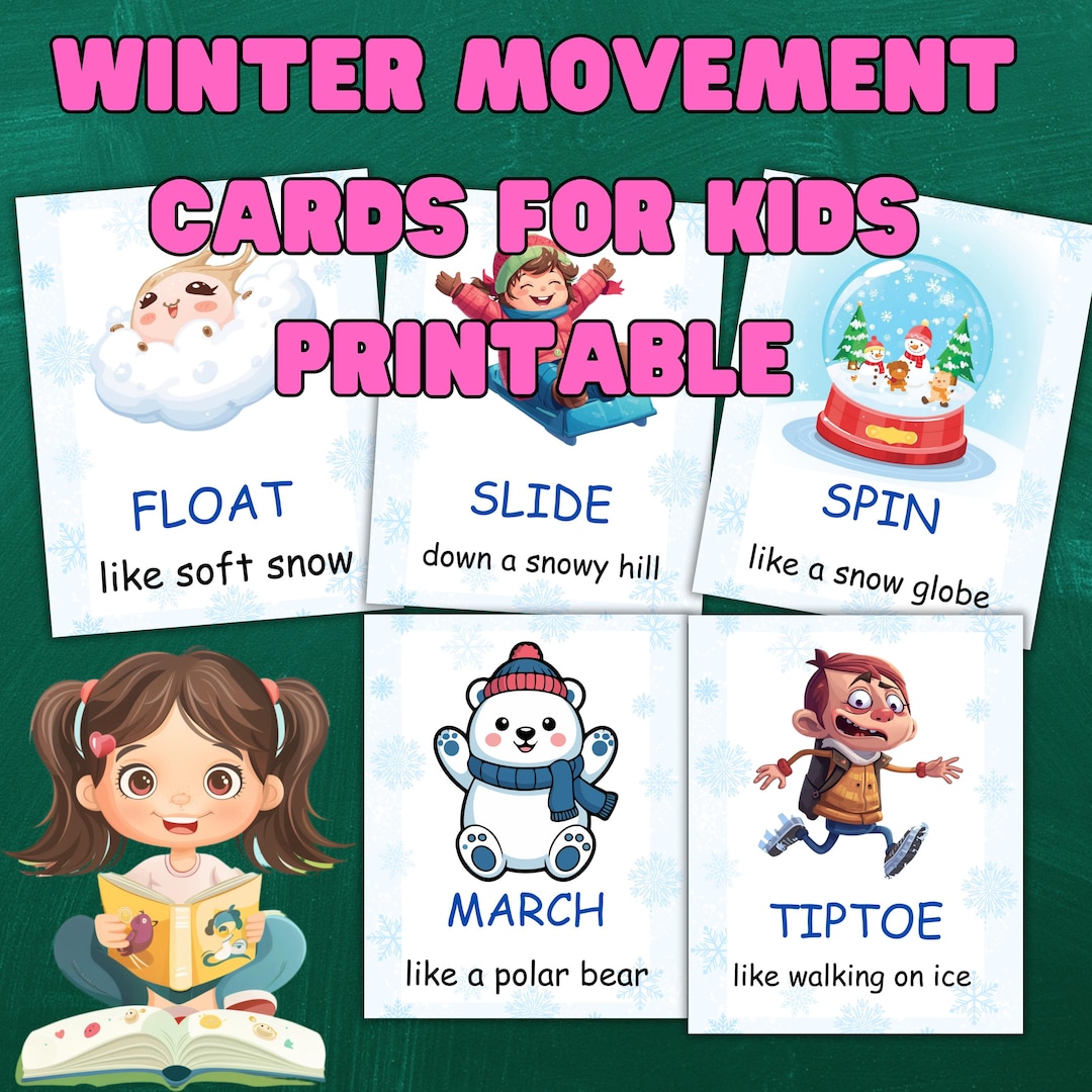 Winter Movement Cards for Kids Printable, Gross Motor Action Flashcards ...