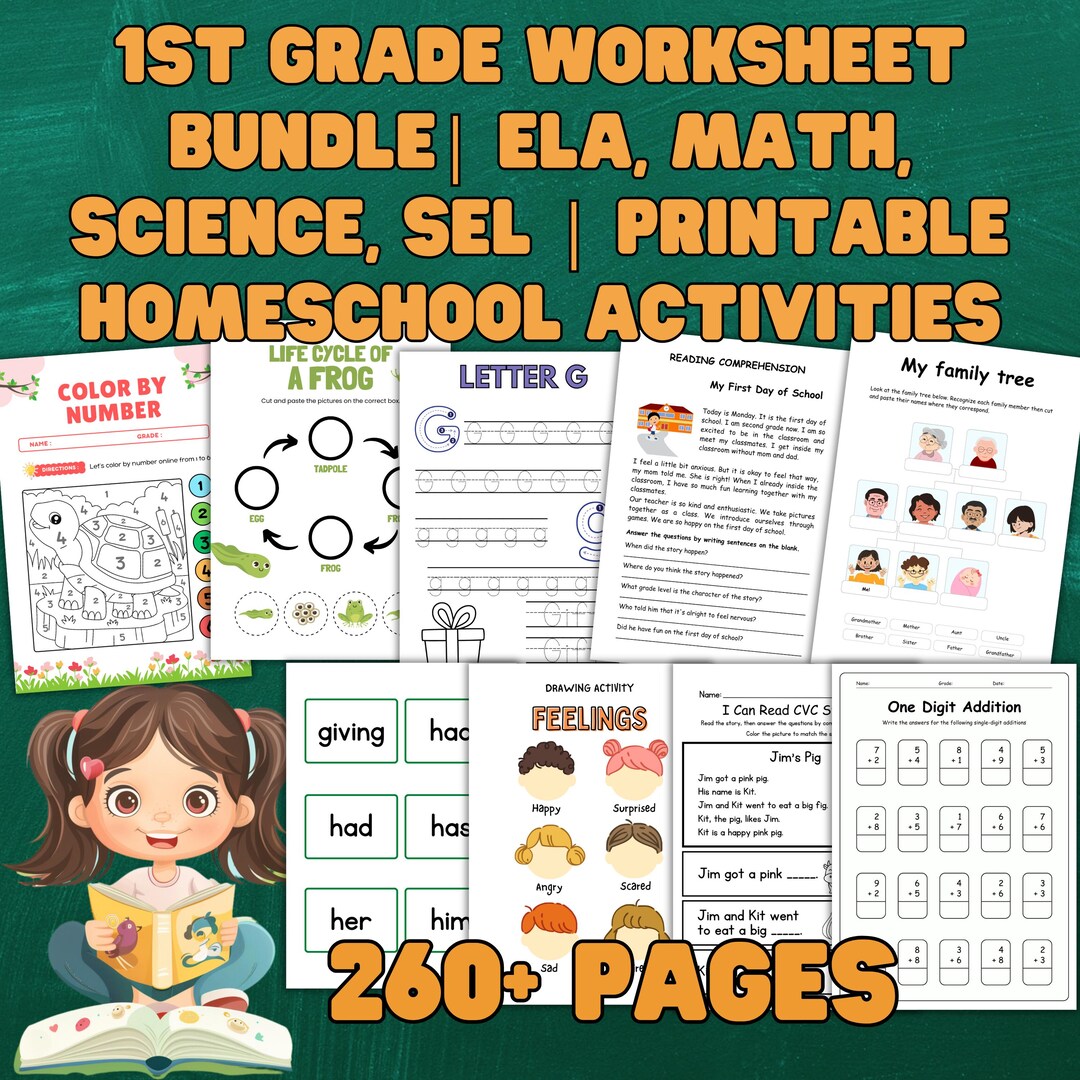 1st Grade Worksheet Bundle Printable, 260+ Pages | Math Reading Writing ...