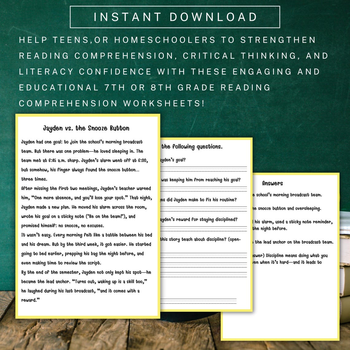 Middle School Reading Comprehension Worksheets | 7th 8th Grade Short ...