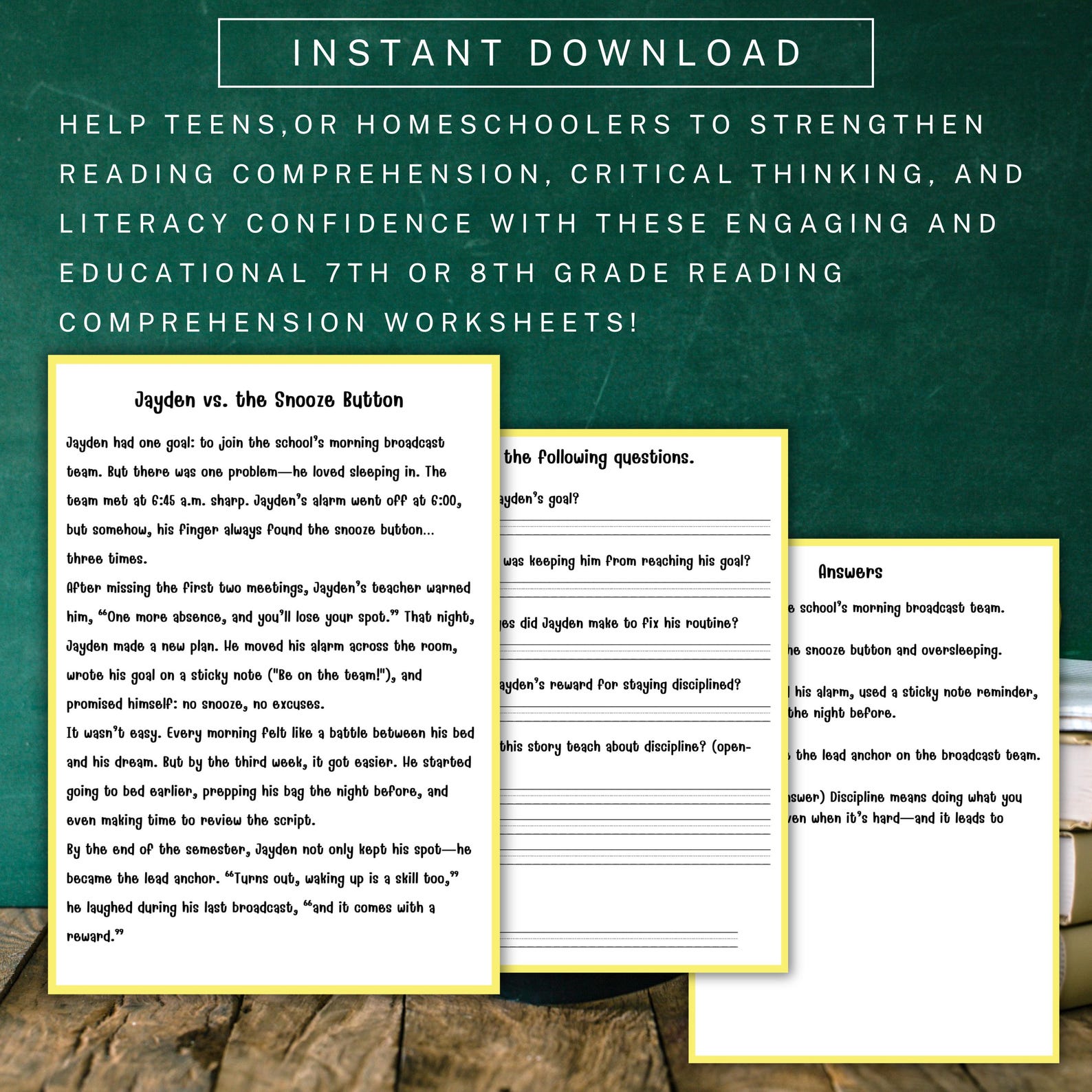 Reading Comprehension Worksheets Grade 7 8 Middle School | 10 Short ...