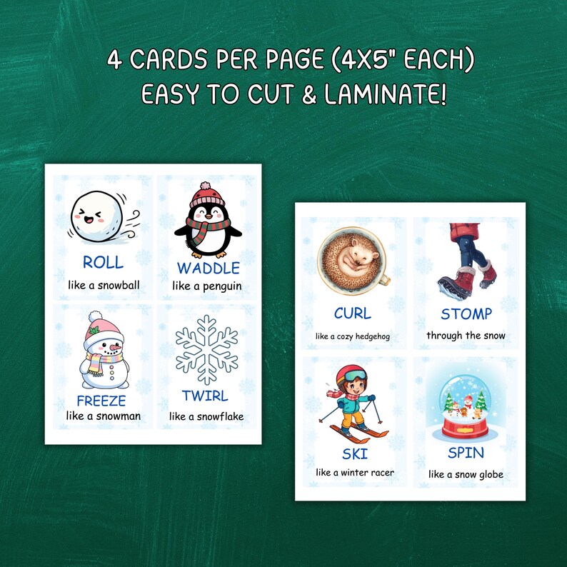 Winter Movement Cards for Kids Printable, Gross Motor Action Flashcards ...