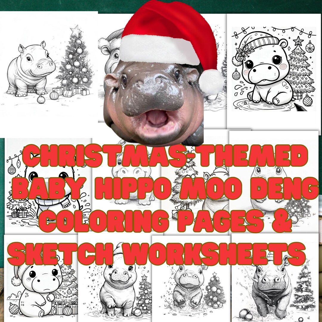 Christmas Baby Hippo Moo Deng Coloring Pages | Holiday Sketch ...