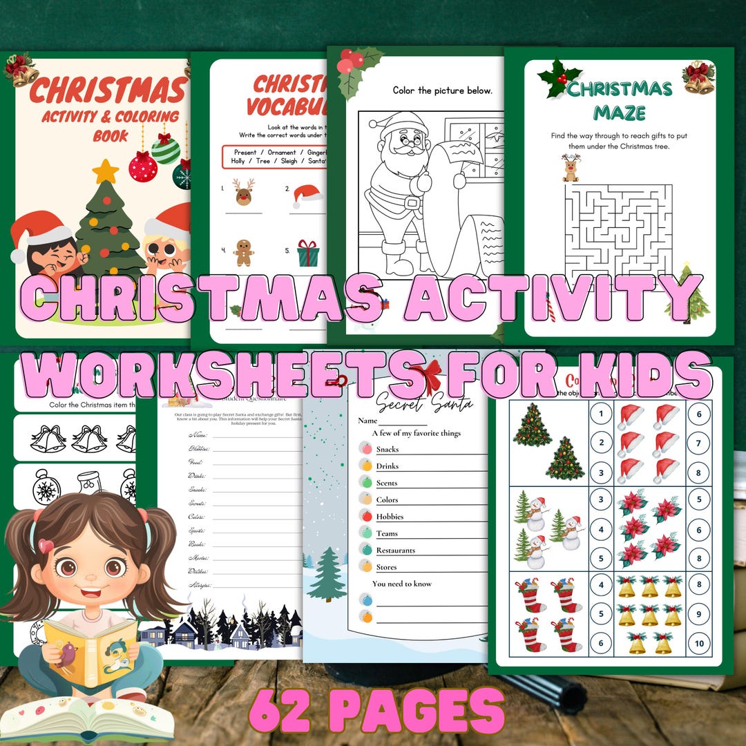 Christmas Activity Workbook for Kids: Xmas Coloring, Mazes, Writing ...