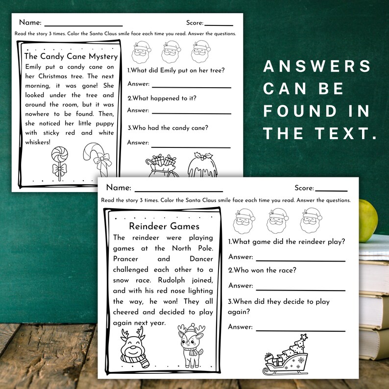 Christmas Reading Comprehension Worksheets Kindergarten Grade 1 2 | 10 ...