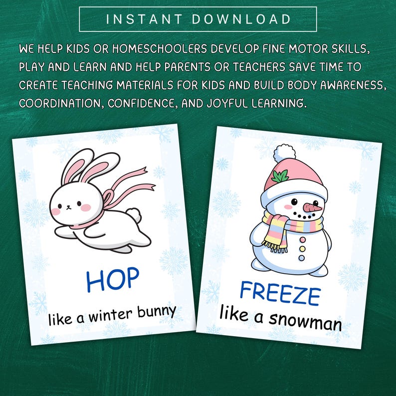 Winter Movement Cards for Kids Printable, Gross Motor Action Flashcards ...