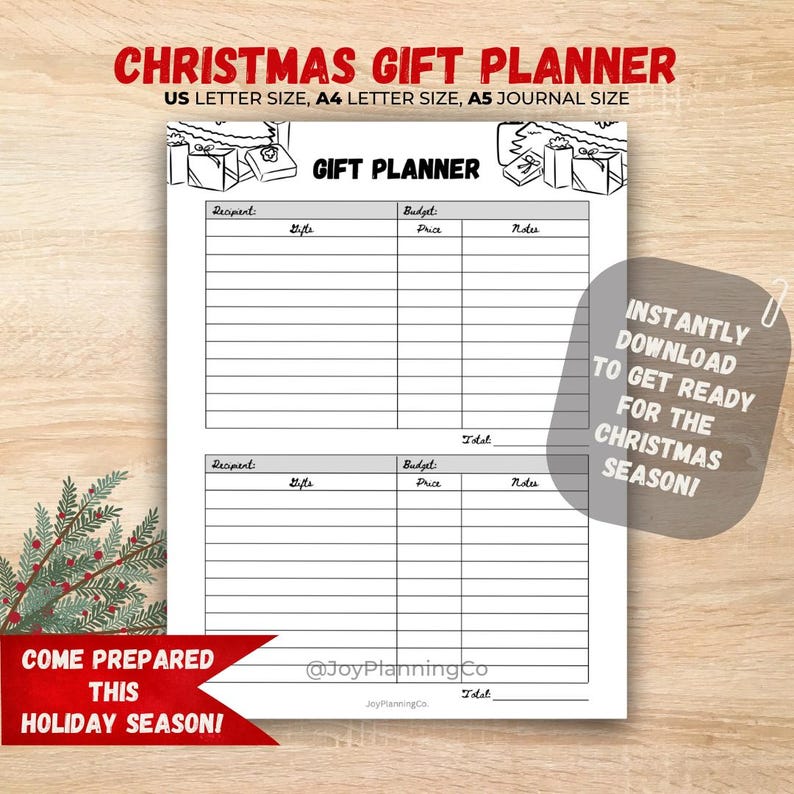 Christmas Gift List Tracker PRINTABLE Holiday Item List Template for ...