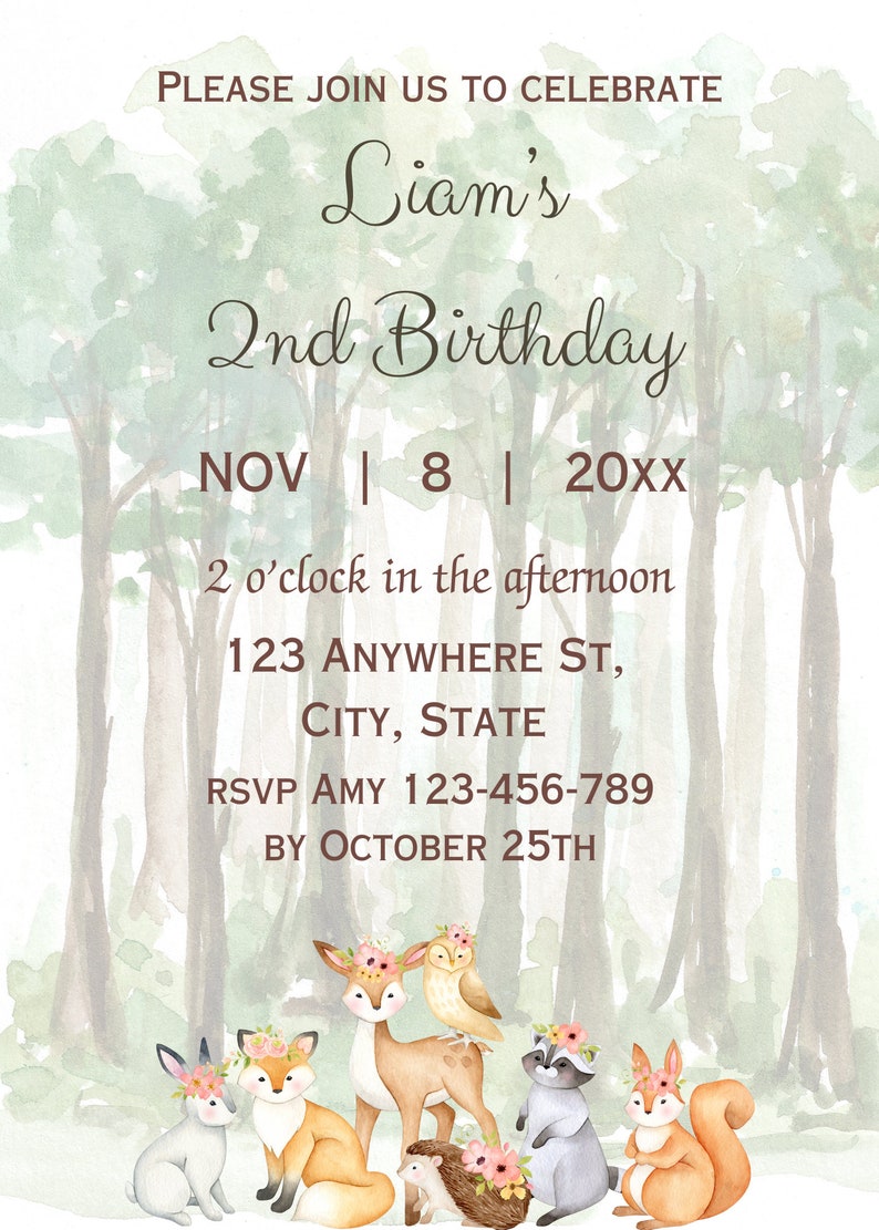 Woodland Animals Theme Birthday Invitation Digital Design Editable ...