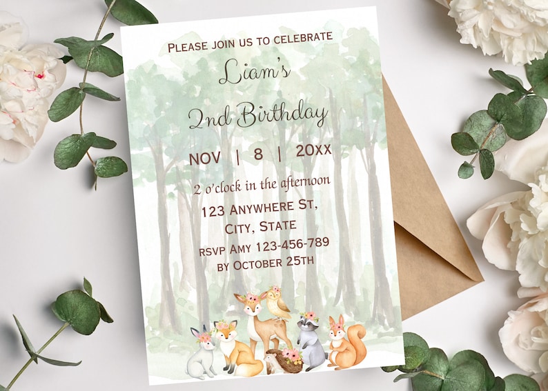 Woodland Animals Theme Birthday Invitation Digital Design Editable ...