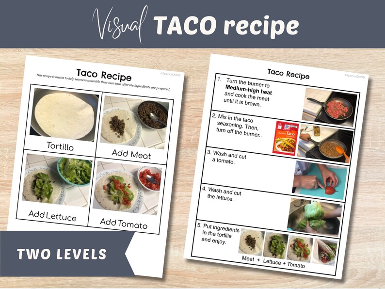 Taco Visual Recipe for Kids, Inclusive Printable Adapted Cookbook, Real ...