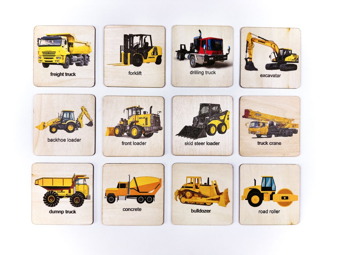 Montessori Wooden Construction Truck Car Memory Game, Vehcial Matching ...