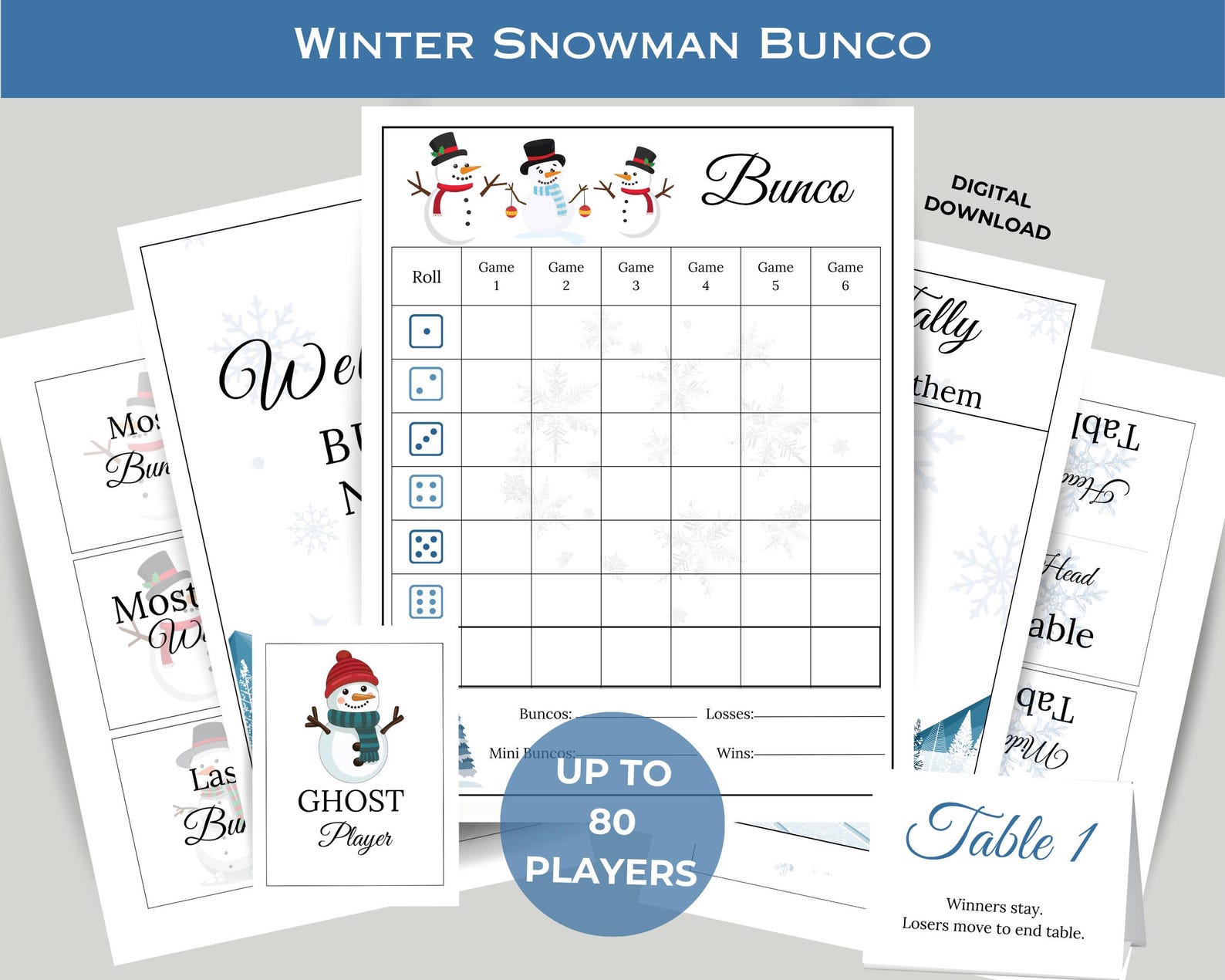 Winter Snowman BUNCO Printable Bundle - Score Cards - Tally and Table ...