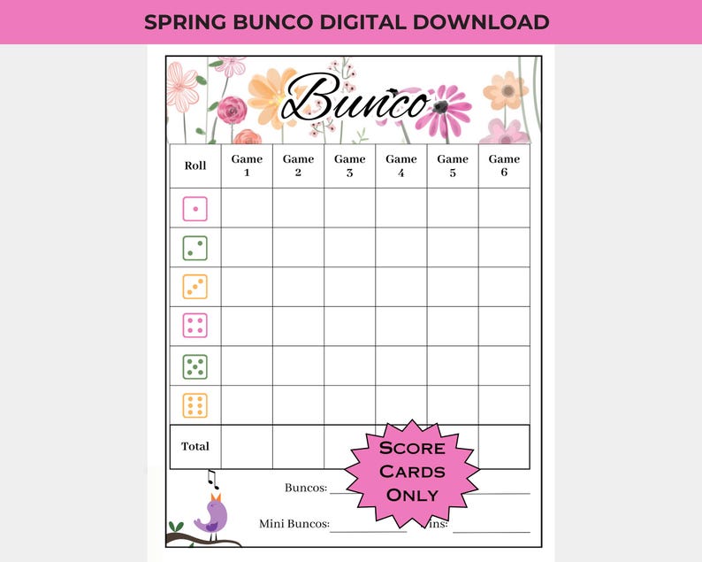 Spring BUNCO Printable - Score Cards - Game Night Printable - Flower ...