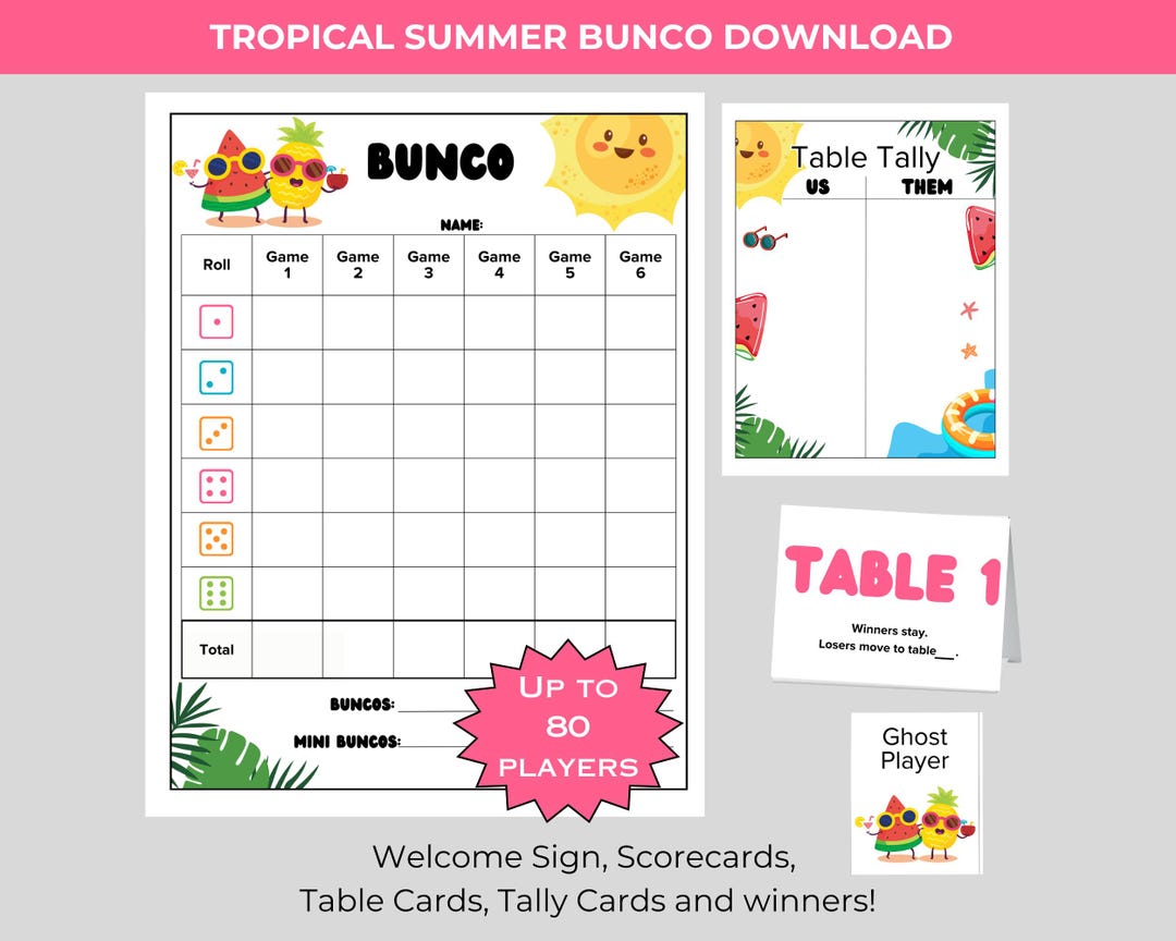 Summer Tropical BUNCO Printable Bundle - Score Cards - Tally Sheets ...