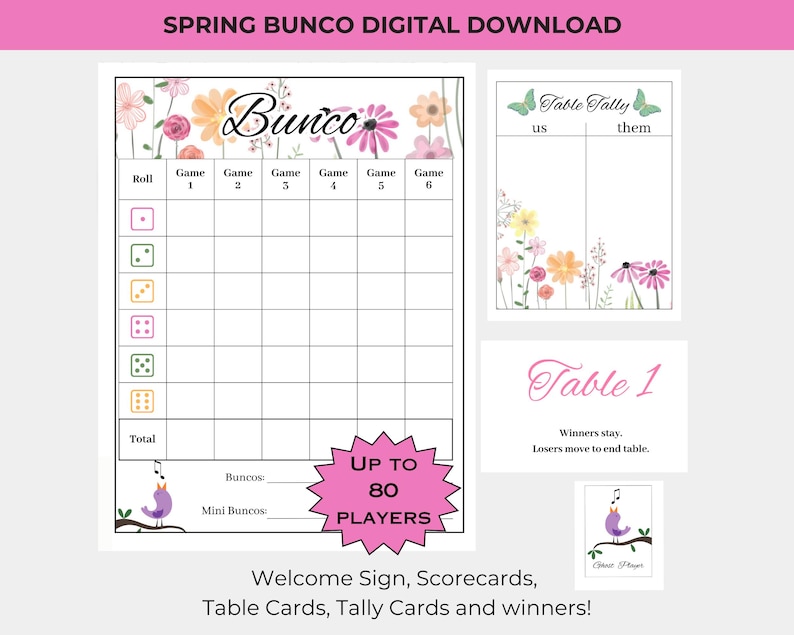 Spring BUNCO Printable Bundle - Score Cards - Tally Sheets - Table ...