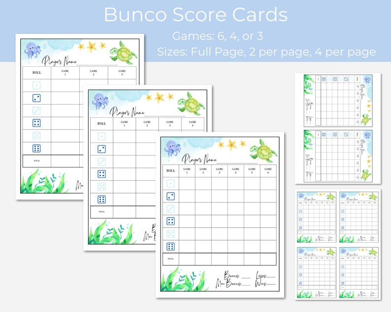 Under the Sea BUNCO Printable Bundle - Score Cards - Tally and Table ...