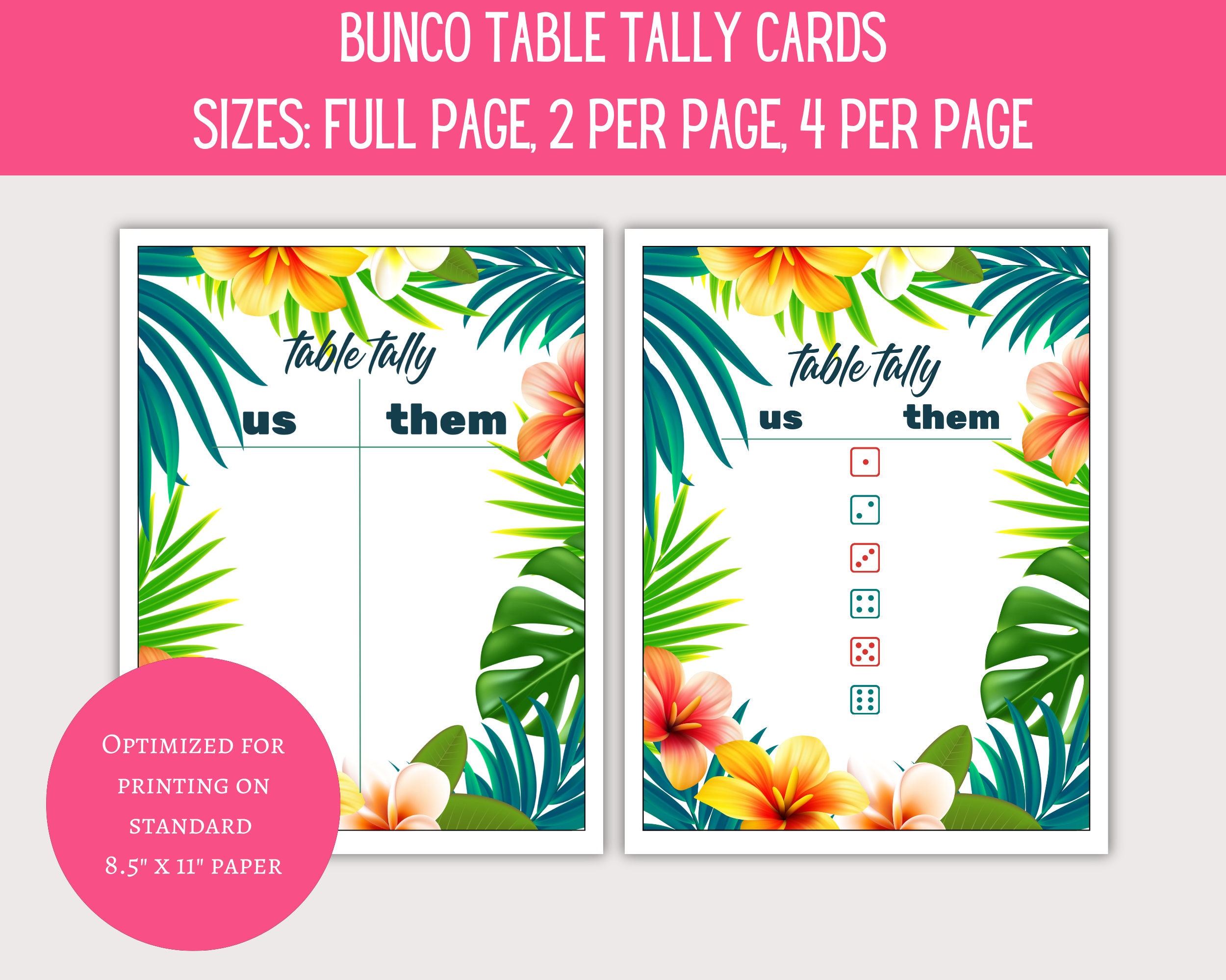 Tropical Flower BUNCO Printable Bundle - Score Cards - Tally Sheets ...