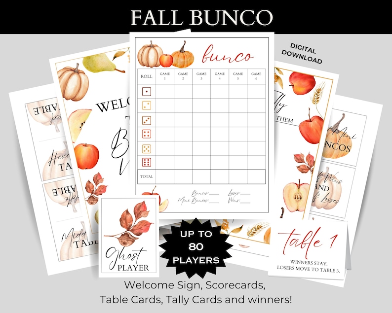 Fall BUNCO Printable Bundle - Score Cards - Tally Sheets - Table Cards ...