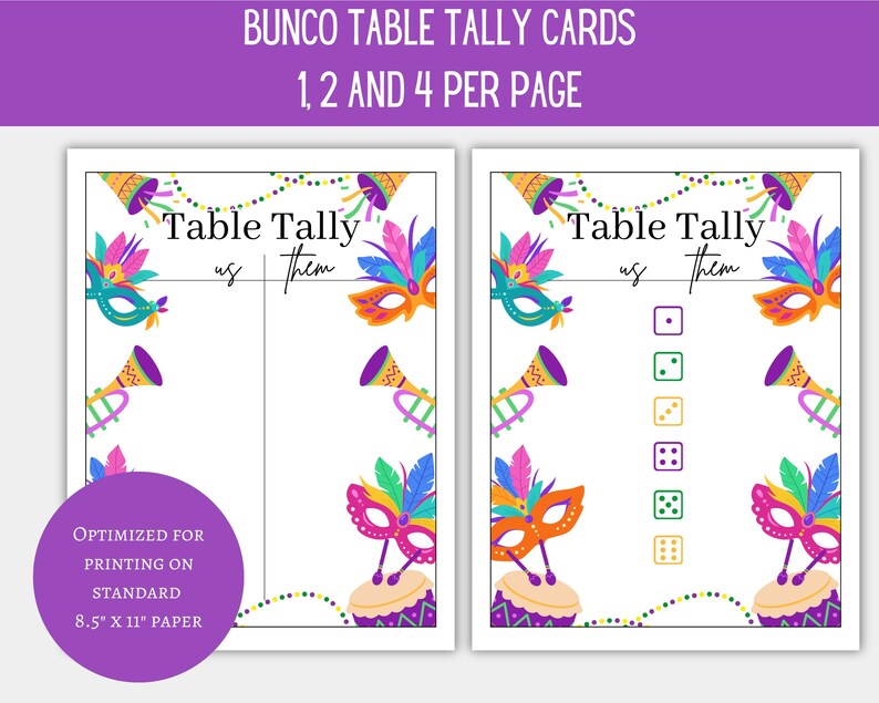 Mardi Gras BUNCO Printable Bundle - Score Cards - Tally Sheets - Table ...