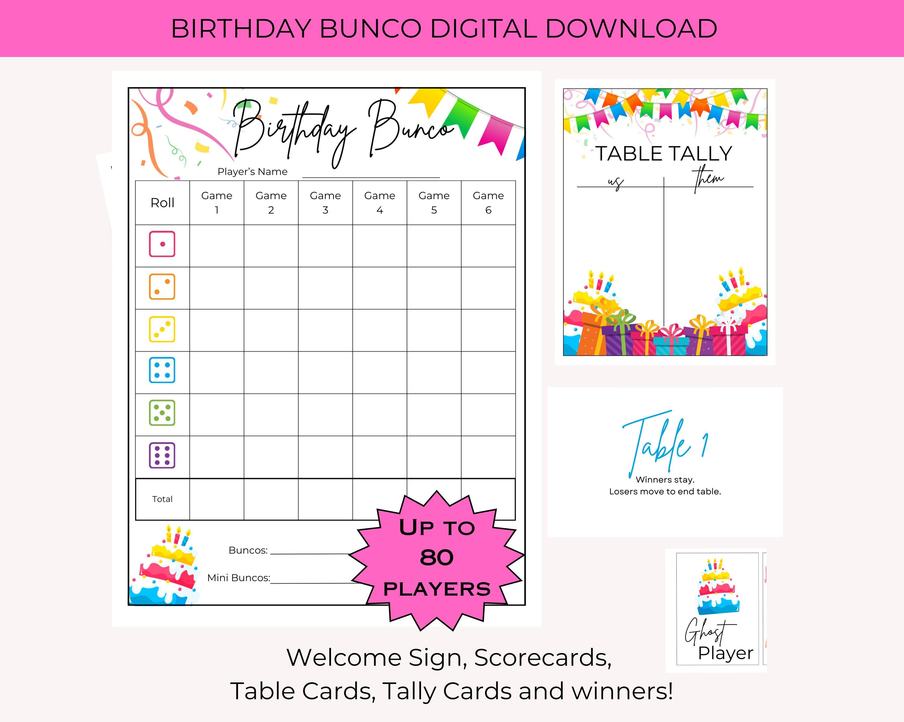 Birthday BUNCO Printable Bundle - Score Cards - Tally Sheets - Table ...