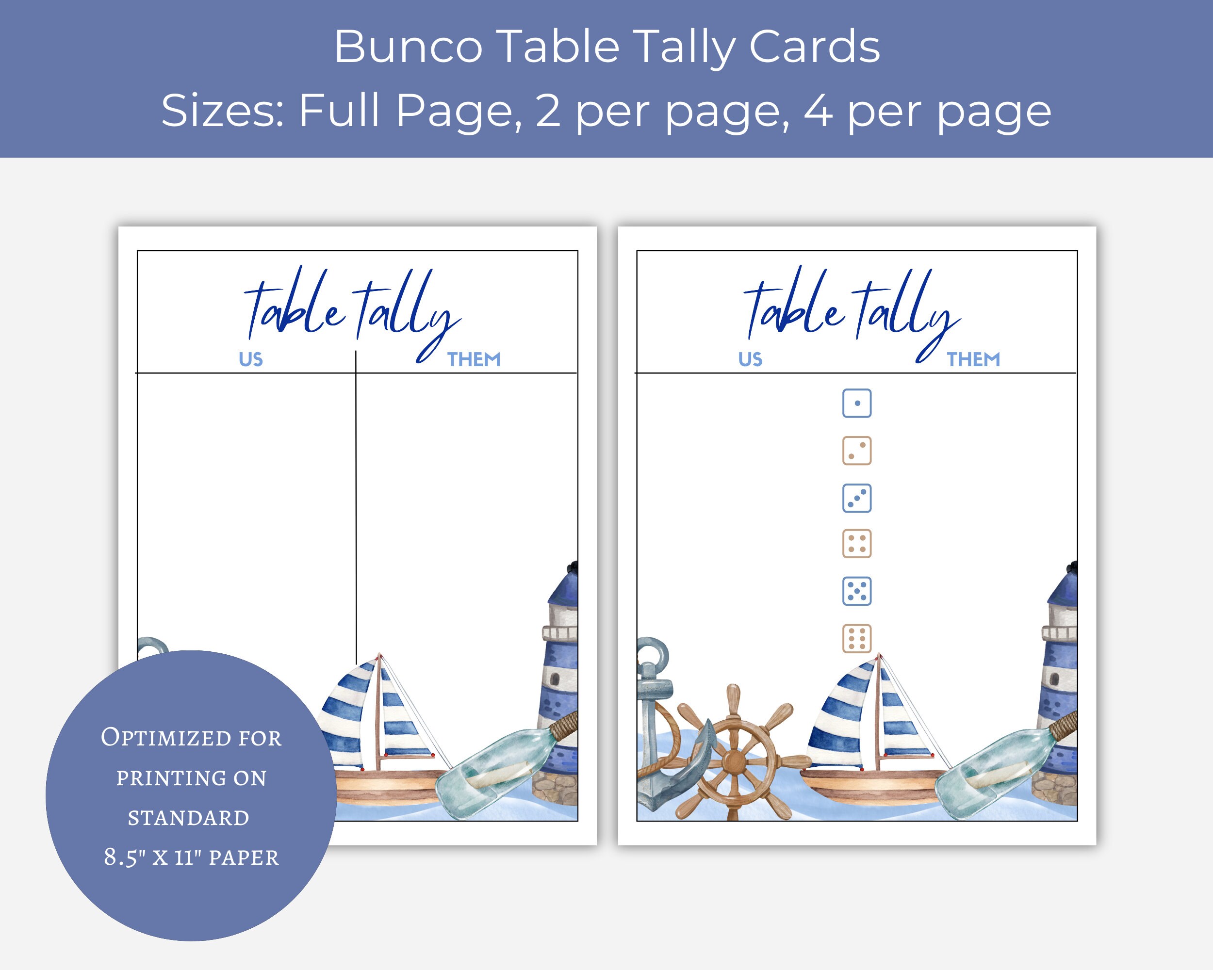 Nautical BUNCO Printable Bundle Score Cards Tally and Table Cards Prize ...