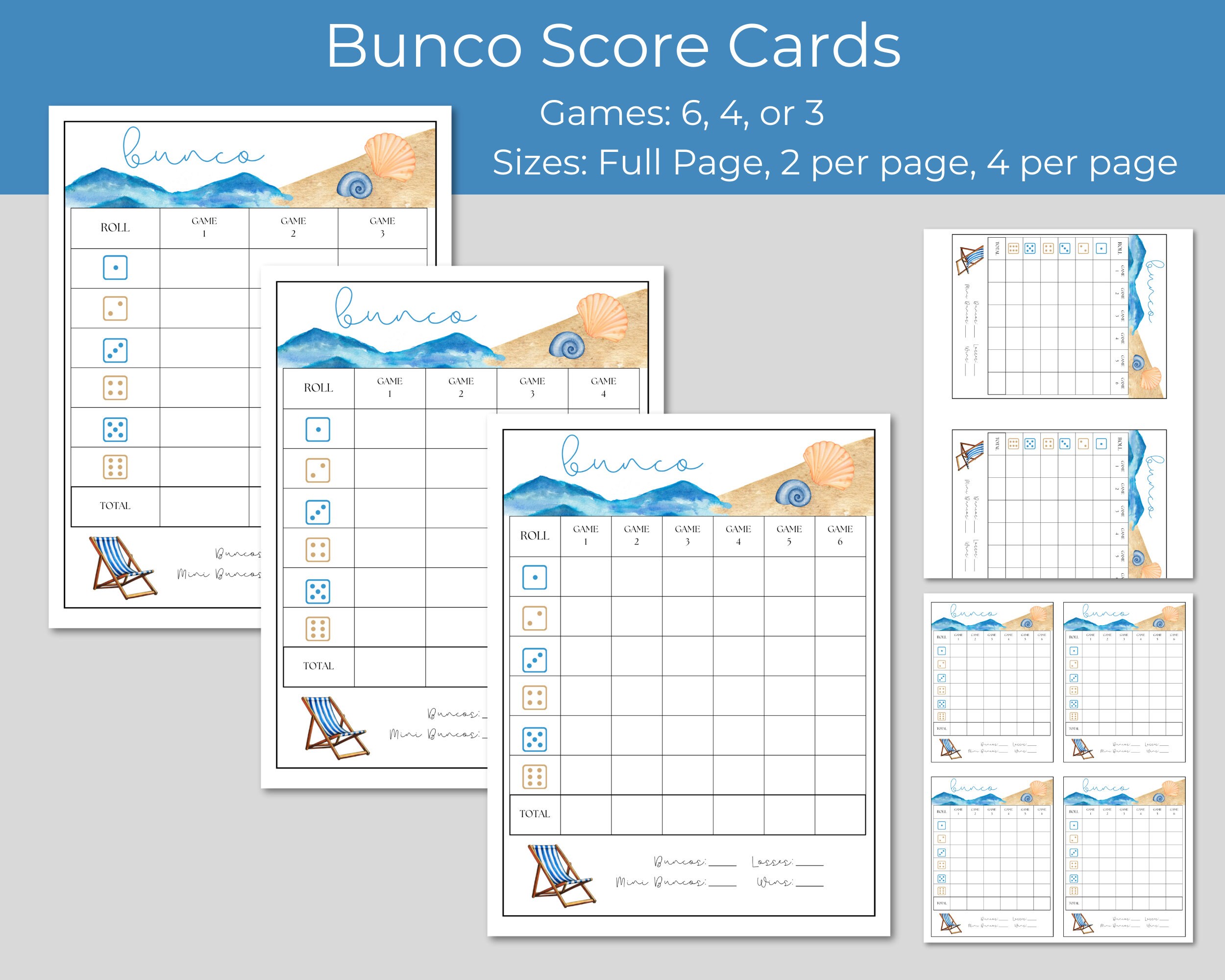 Beach BUNCO Printable Bundle Score Cards Tally and Table Cards Prize ...