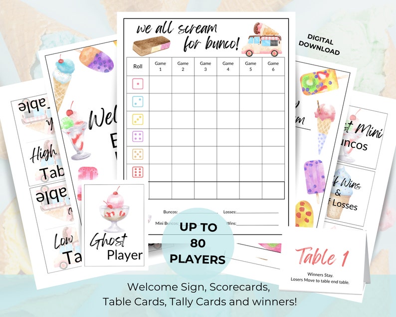 Ice Cream BUNCO Printable Bundle - Score Cards - Tally Sheets - Table ...