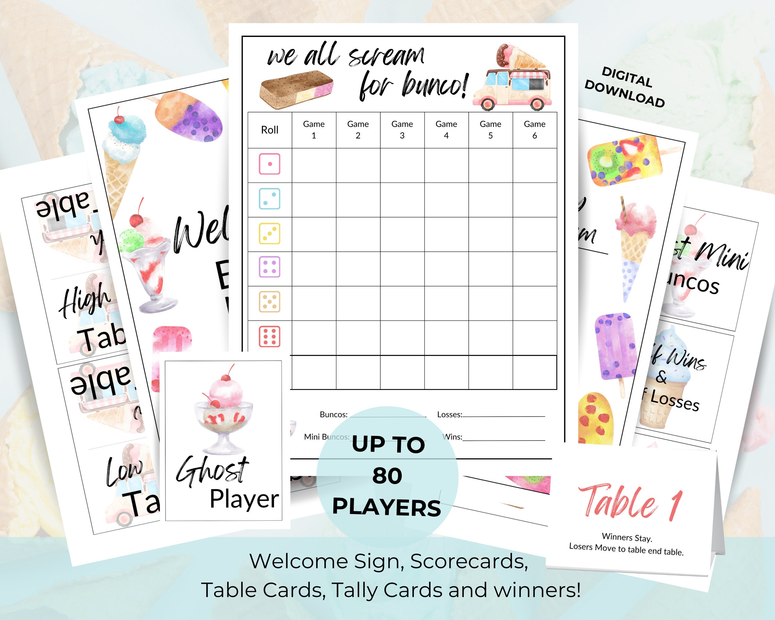 Ice Cream BUNCO Printable Bundle - Score Cards - Tally Sheets - Table ...