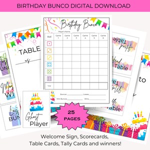 Birthday BUNCO Printable Bundle Score Cards Tally Sheets Table Cards ...