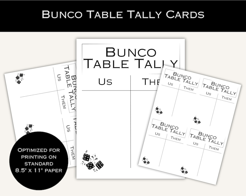 Minimalist BUNCO Printable Bundle | Score Cards - Tally Sheets - Table ...