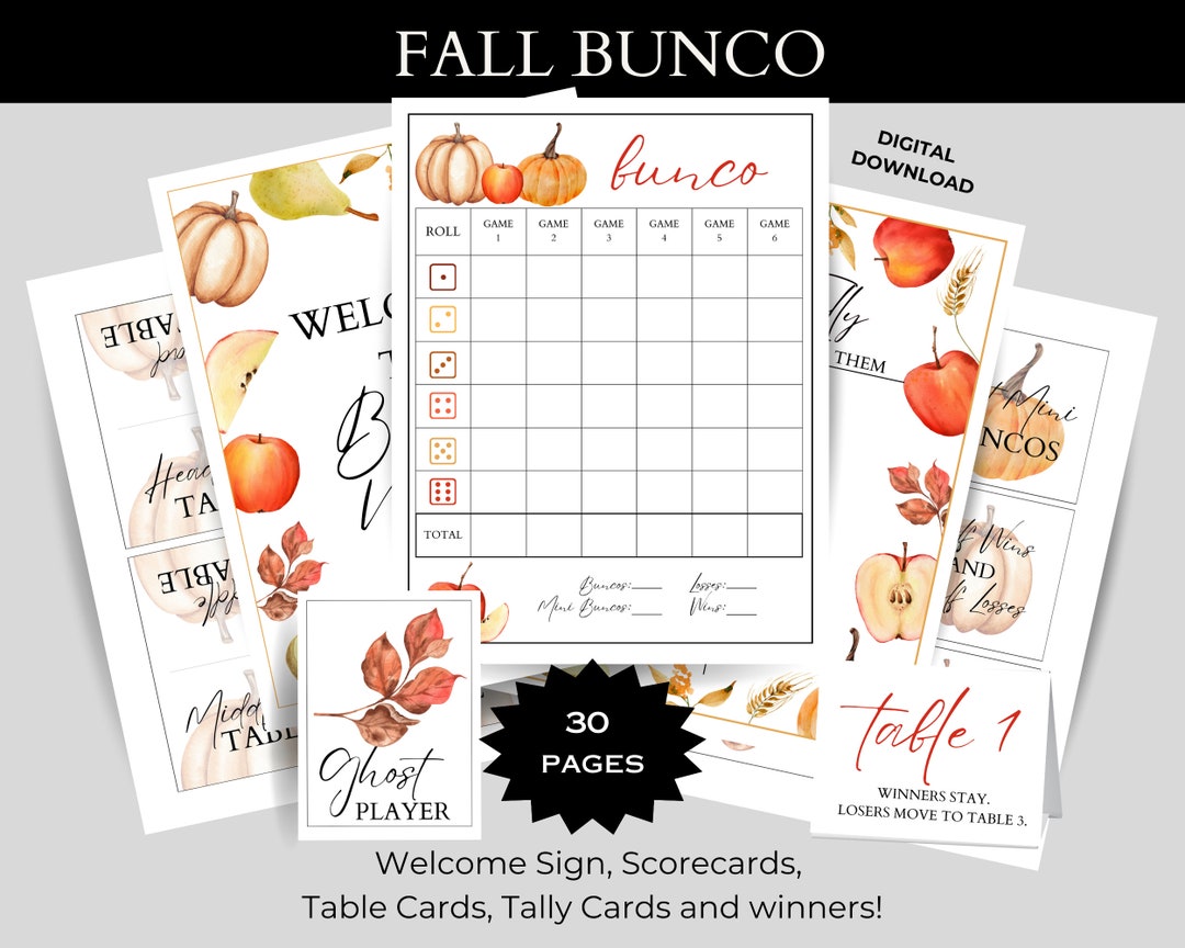 Fall BUNCO Printable Bundle Score Cards Tally Sheets Table Cards Prizes ...