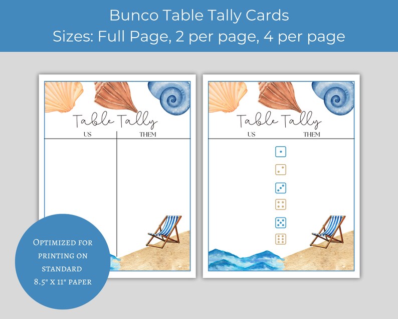 Beach BUNCO Printable Bundle Score Cards Tally and Table Cards Prize ...