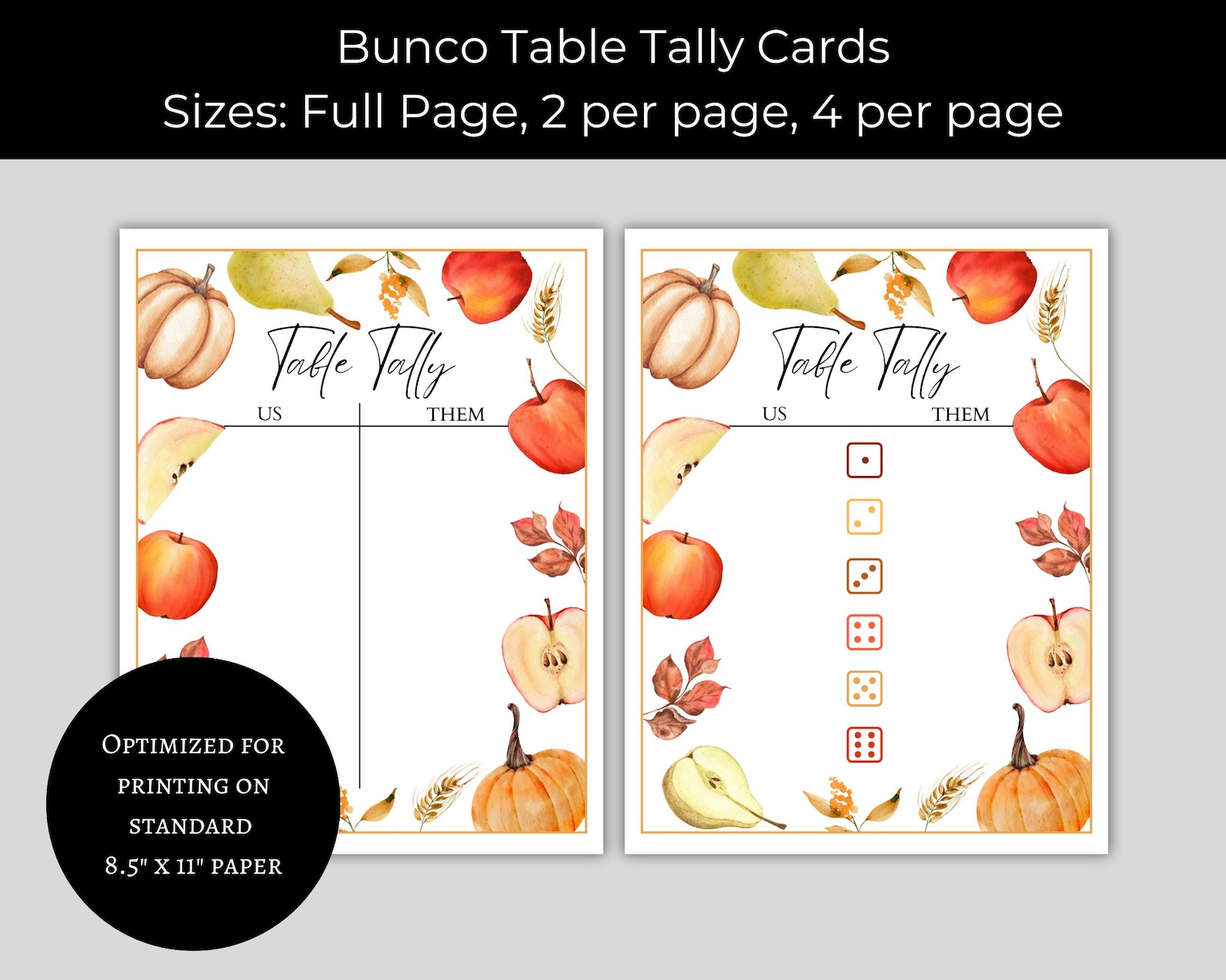 Fall BUNCO Printable Bundle - Score Cards - Tally Sheets - Table Cards ...