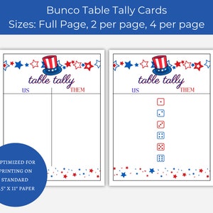 Patriotic BUNCO Printable Bundle - Score Cards - Tally and Table Cards ...