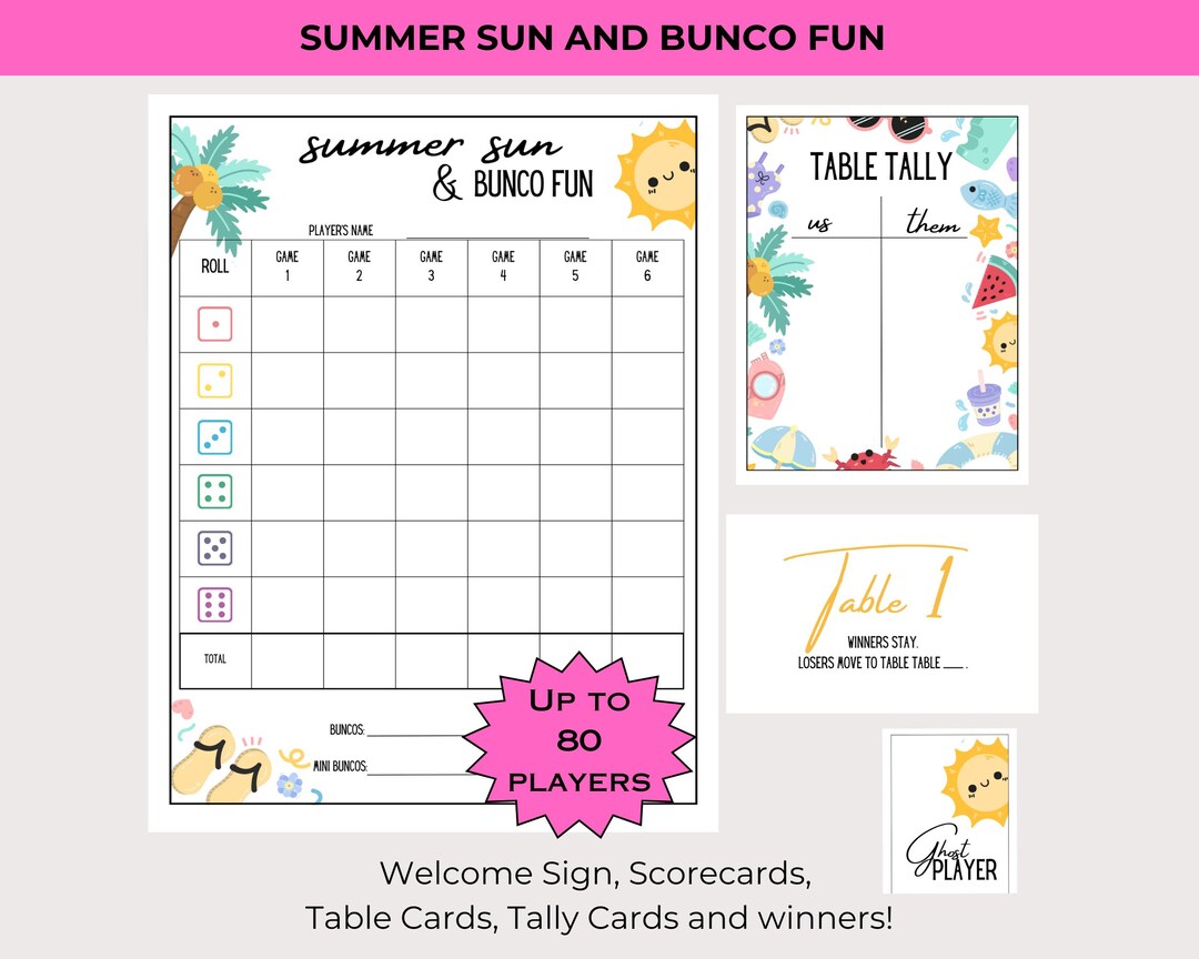 Summer Sun and Bunco Fun BUNCO Printable Bundle - Score Cards - Tally ...