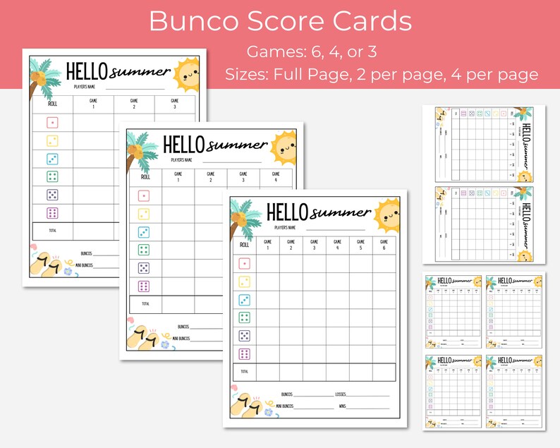 Summer BUNCO Printable Bundle Score Cards Tally Sheets Table Cards ...