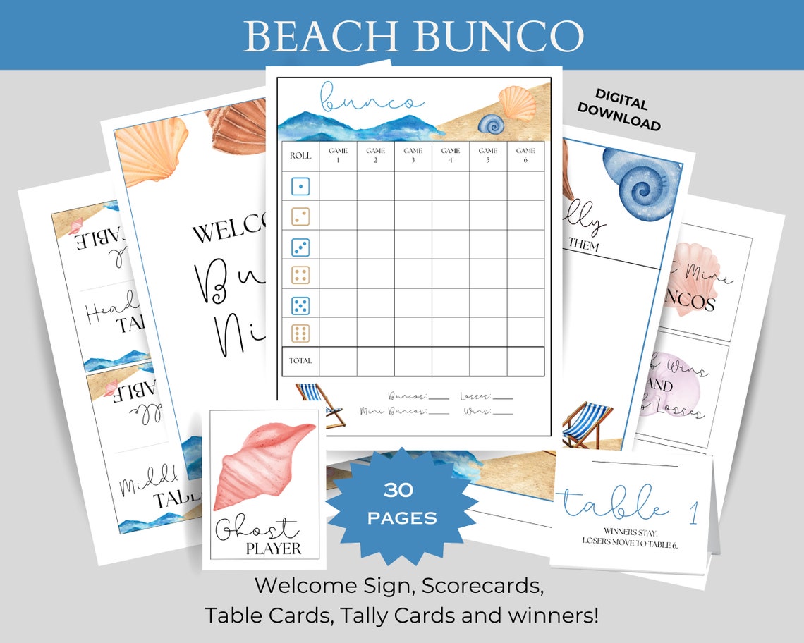 Beach BUNCO Printable Bundle Score Cards Tally and Table Cards Prize ...