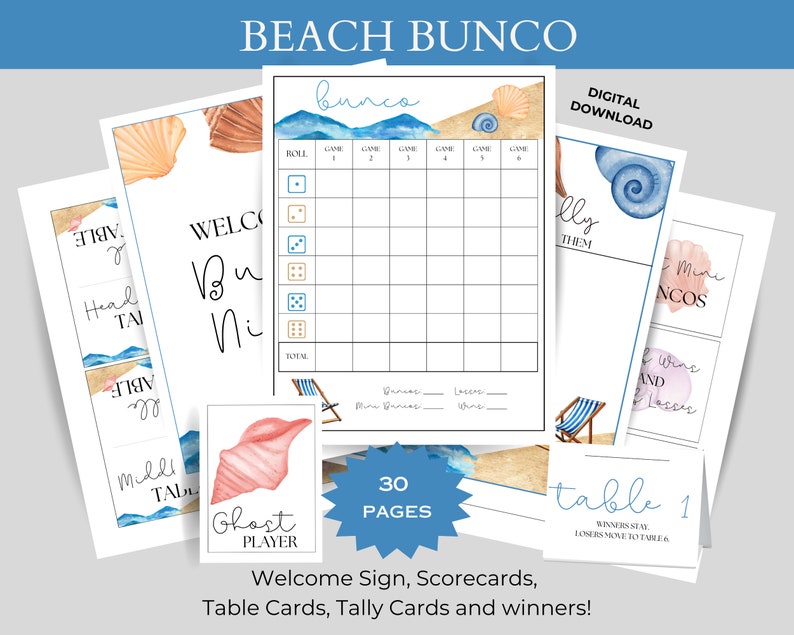Beach BUNCO Printable Bundle Score Cards Tally and Table Cards Prize ...