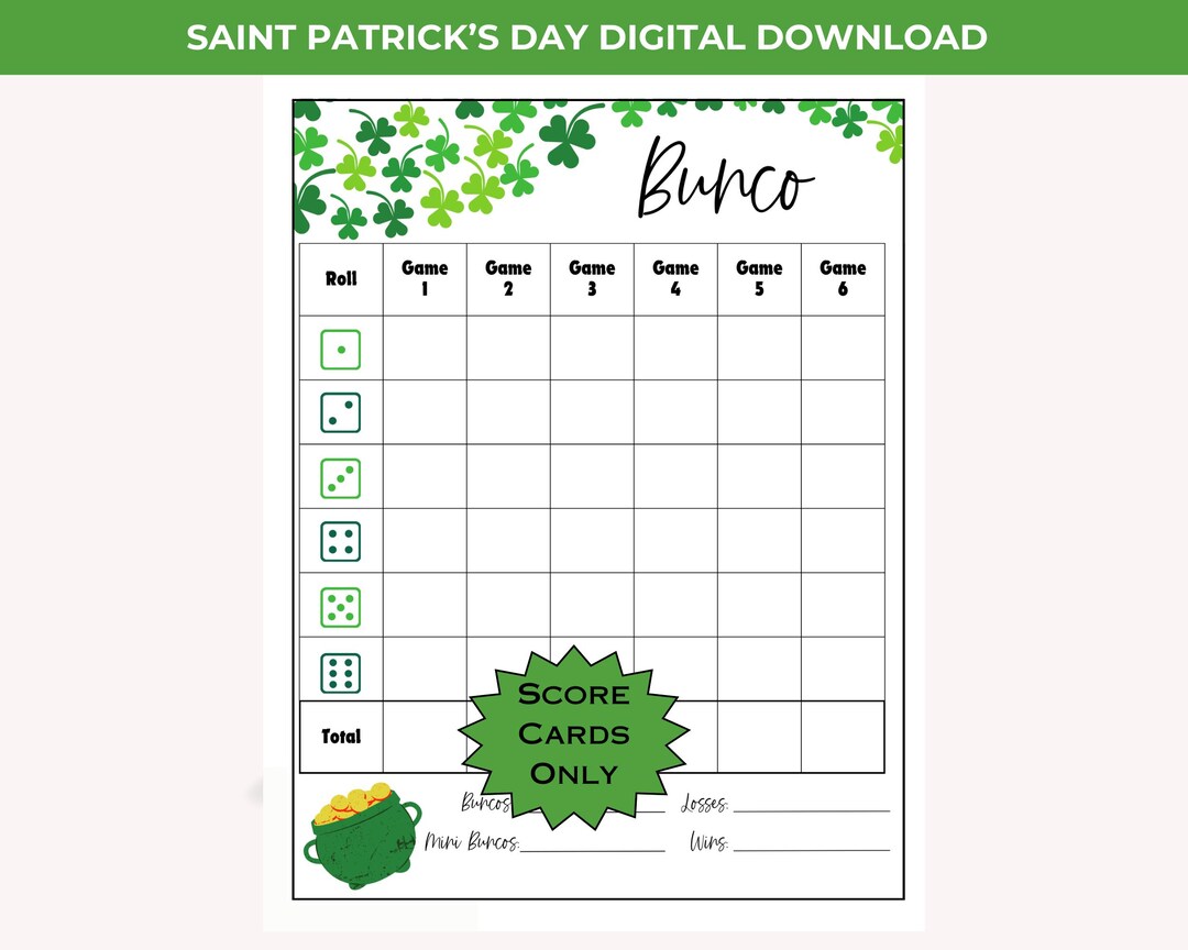 St. Patrick's Day BUNCO Printable Score Cards - Game Night Printable ...