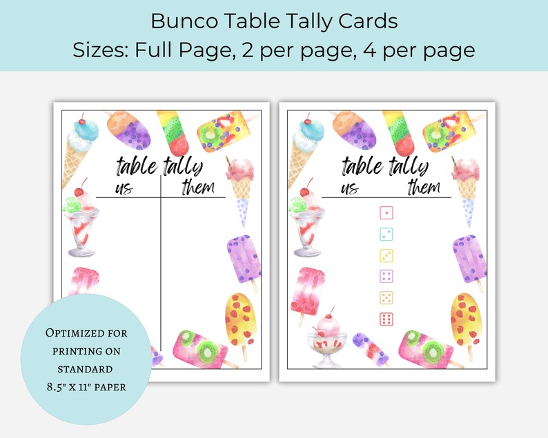 Ice Cream BUNCO Printable Bundle - Score Cards - Tally Sheets - Table ...