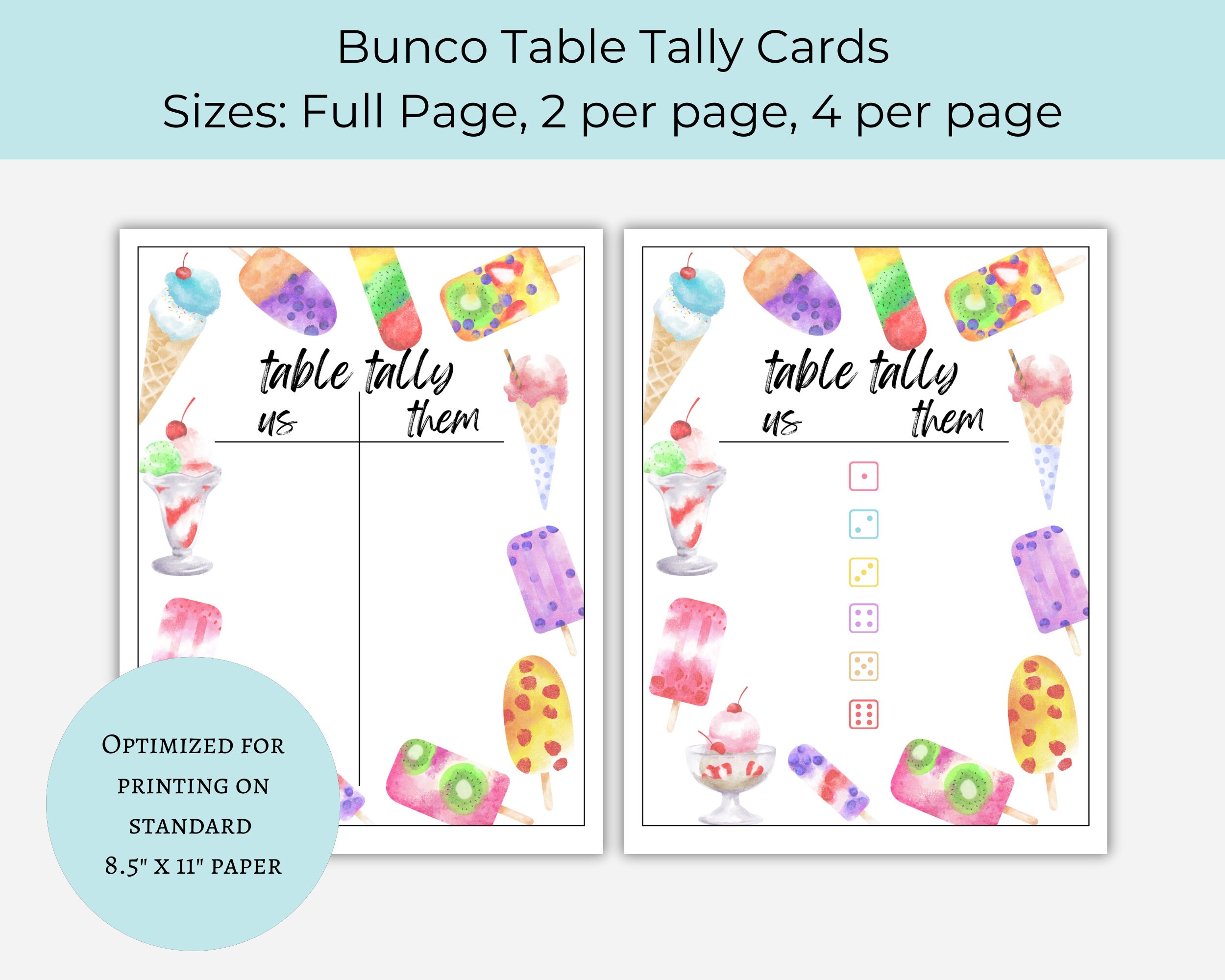 Ice Cream BUNCO Printable Bundle - Score Cards - Tally Sheets - Table ...